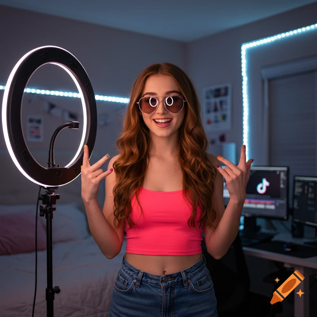 A young woman wearing sunglasses and a pink top poses with a ring light ...