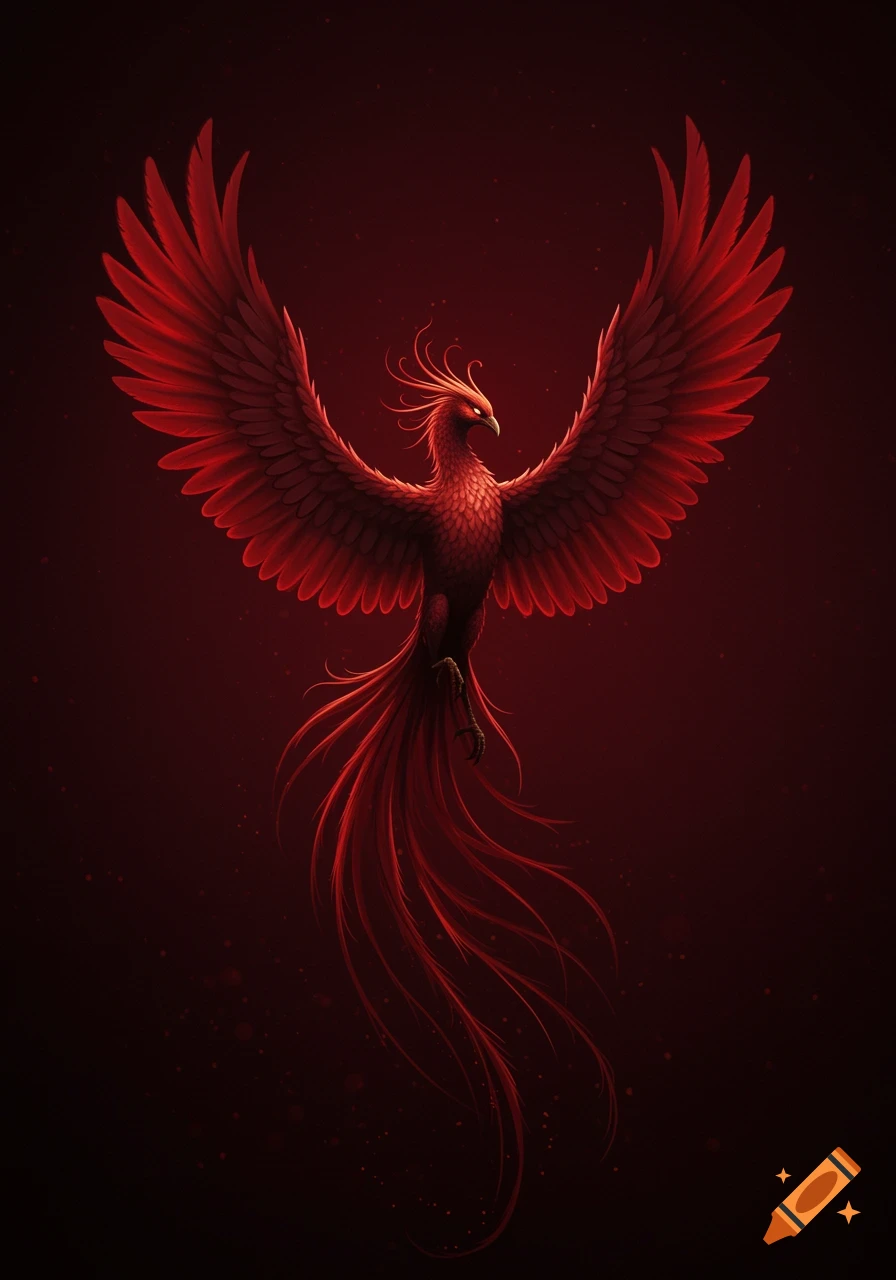 A vibrant red phoenix with wings spread wide, illuminated against a ...