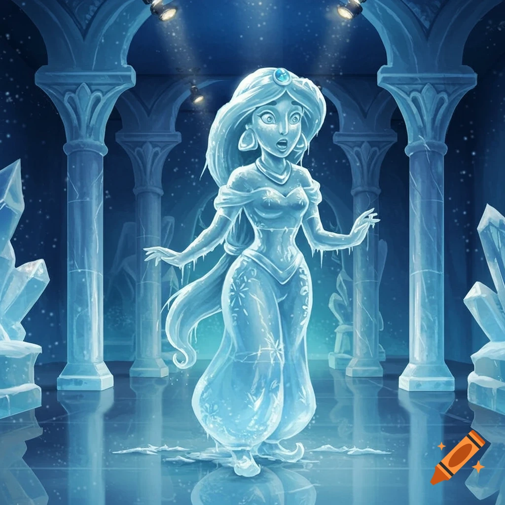 A surprised cartoon Princess Jasmine as a translucent ice statue in an ...