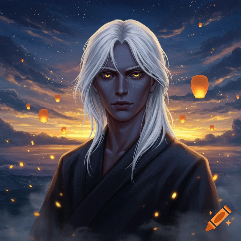 A male figure with dark skin, long white hair, and glowing yellow eyes in a black robe, stands ...
