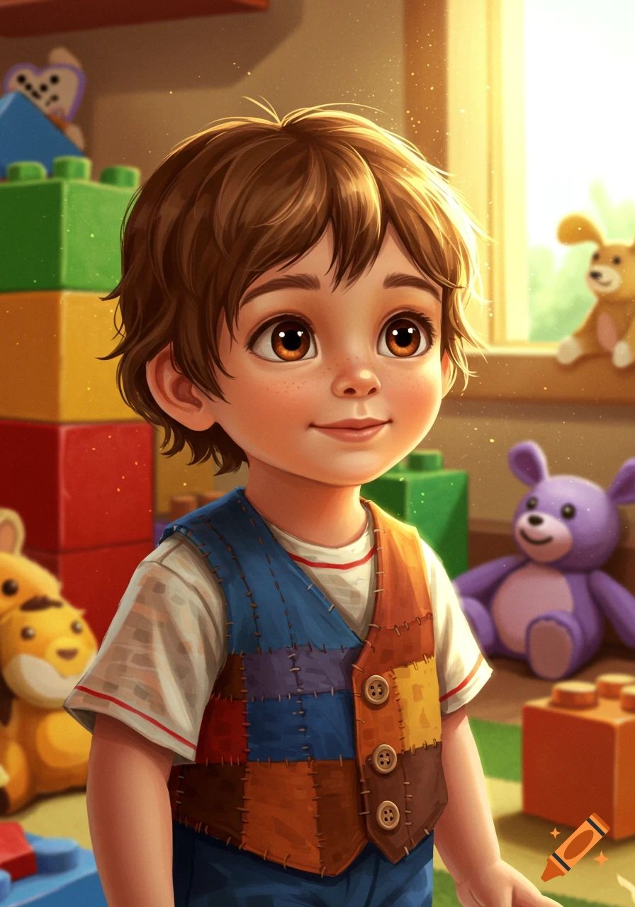 A puppet character named Jeffy with a blue helmet and yellow shirt ...