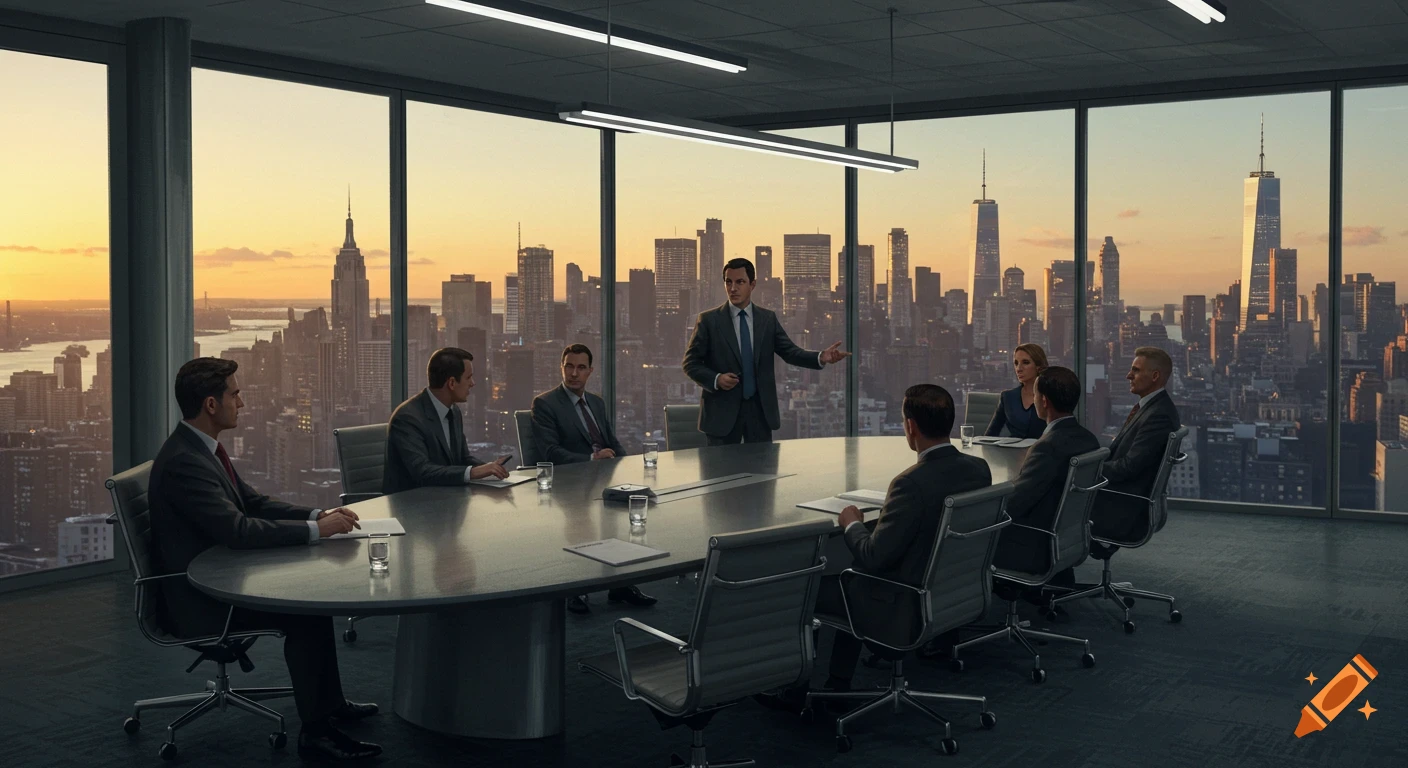 A CEO stands at the head of a conference table leading a board meeting ...