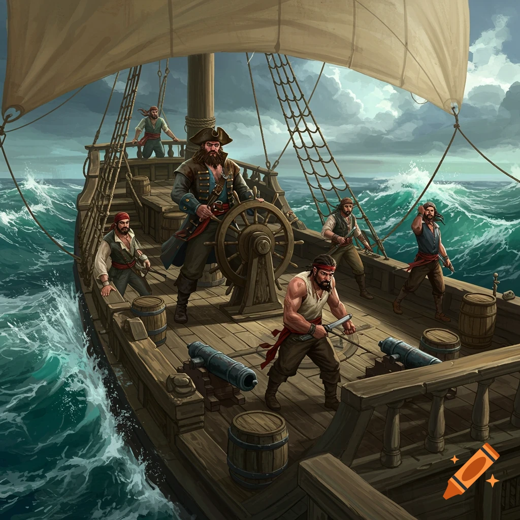 A jovial group of cartoon-style pirates celebrates a birthday on a ship ...