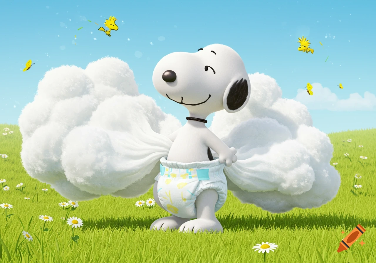 A happy Snoopy, rendered in 3D cartoon style, stands in a green field ...