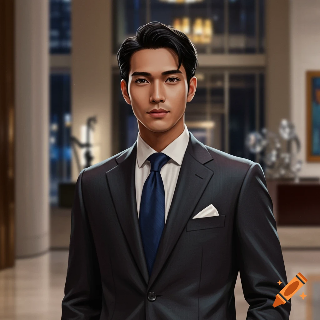 A sophisticated young man with dark hair and a tan complexion wears a ...