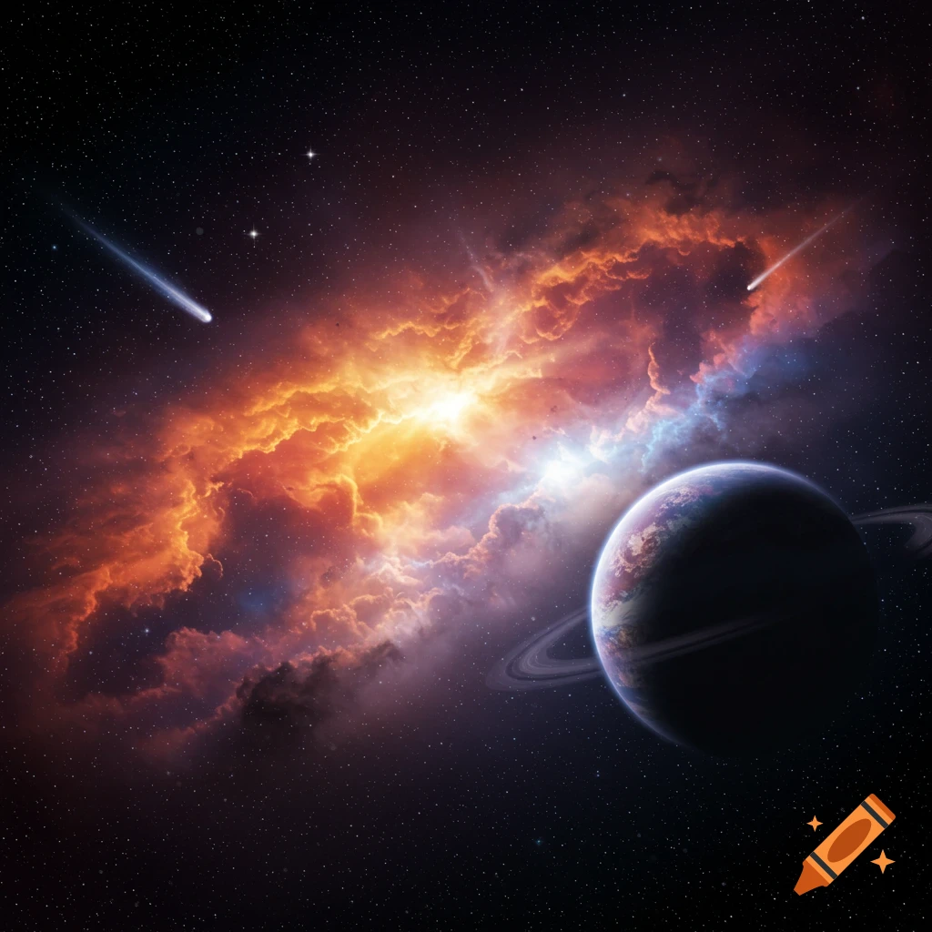 Two vibrant galaxies with blue and orange nebulae collide in a star-filled cosmic expanse. on ...