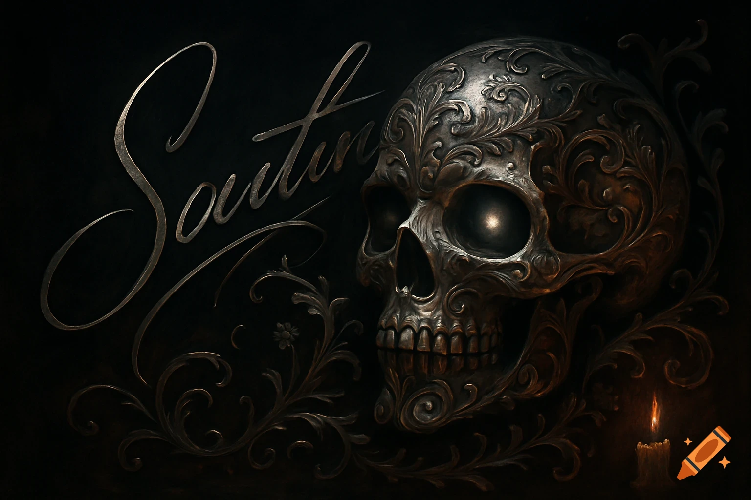 An ornate metallic skull with floral patterns and a glowing eye ...