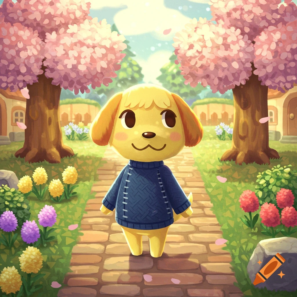 A yellow dog Animal Crossing character in a dark blue sweater stands on ...