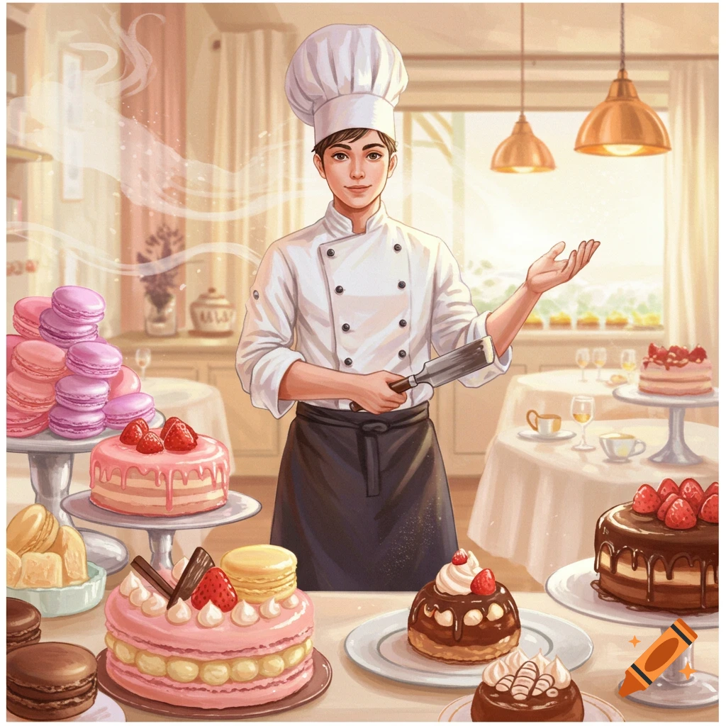 Illustration of a vampire pastry chef standing behind a counter filled ...