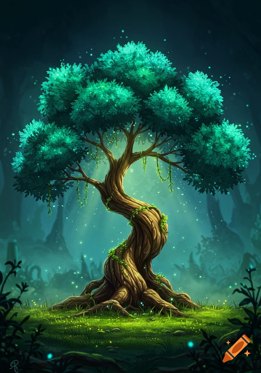 A majestic willow tree with glowing blue leaves stands in a dark, misty ...