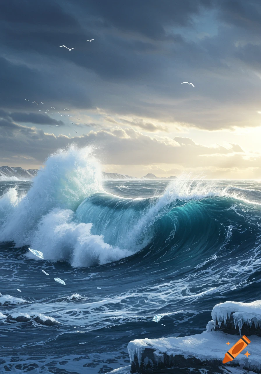 Large blue waves crash against icy rocks under a stormy sky with sun rays and flying birds. on ...