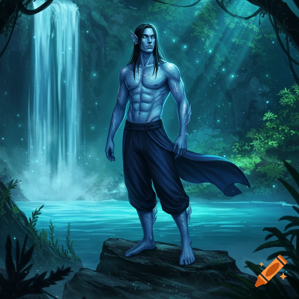 A blue-skinned, muscular male water genasi with long black hair stands ...