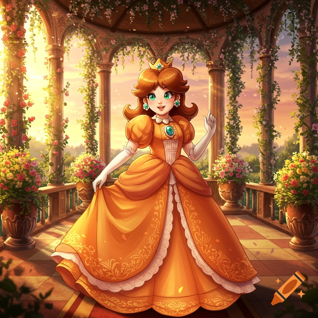 Princess Daisy in an orange dress cradles a sleeping baby Princess ...