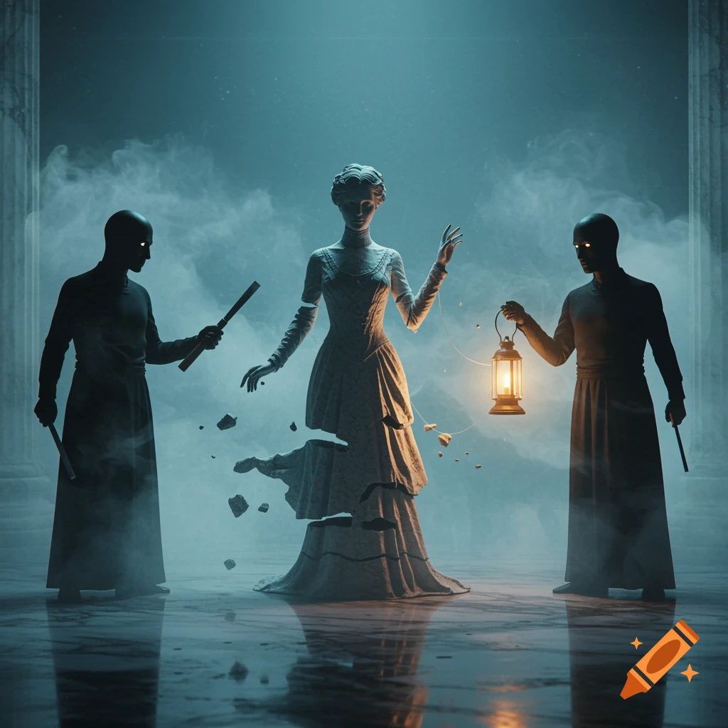 Three silhouetted figures with glowing eyes surround a disintegrating ...