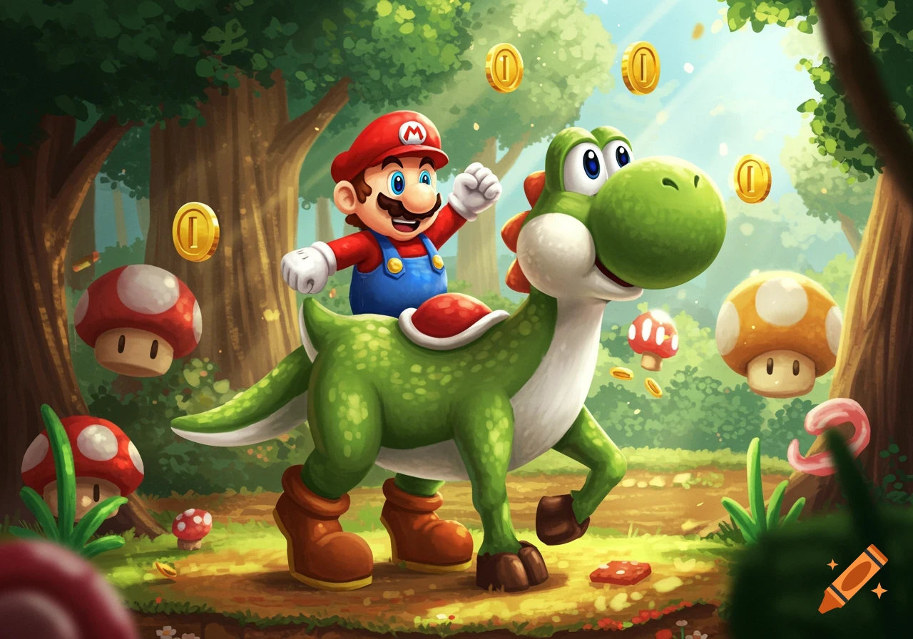Mario rides Yoshi through a vibrant forest with floating coins and ...