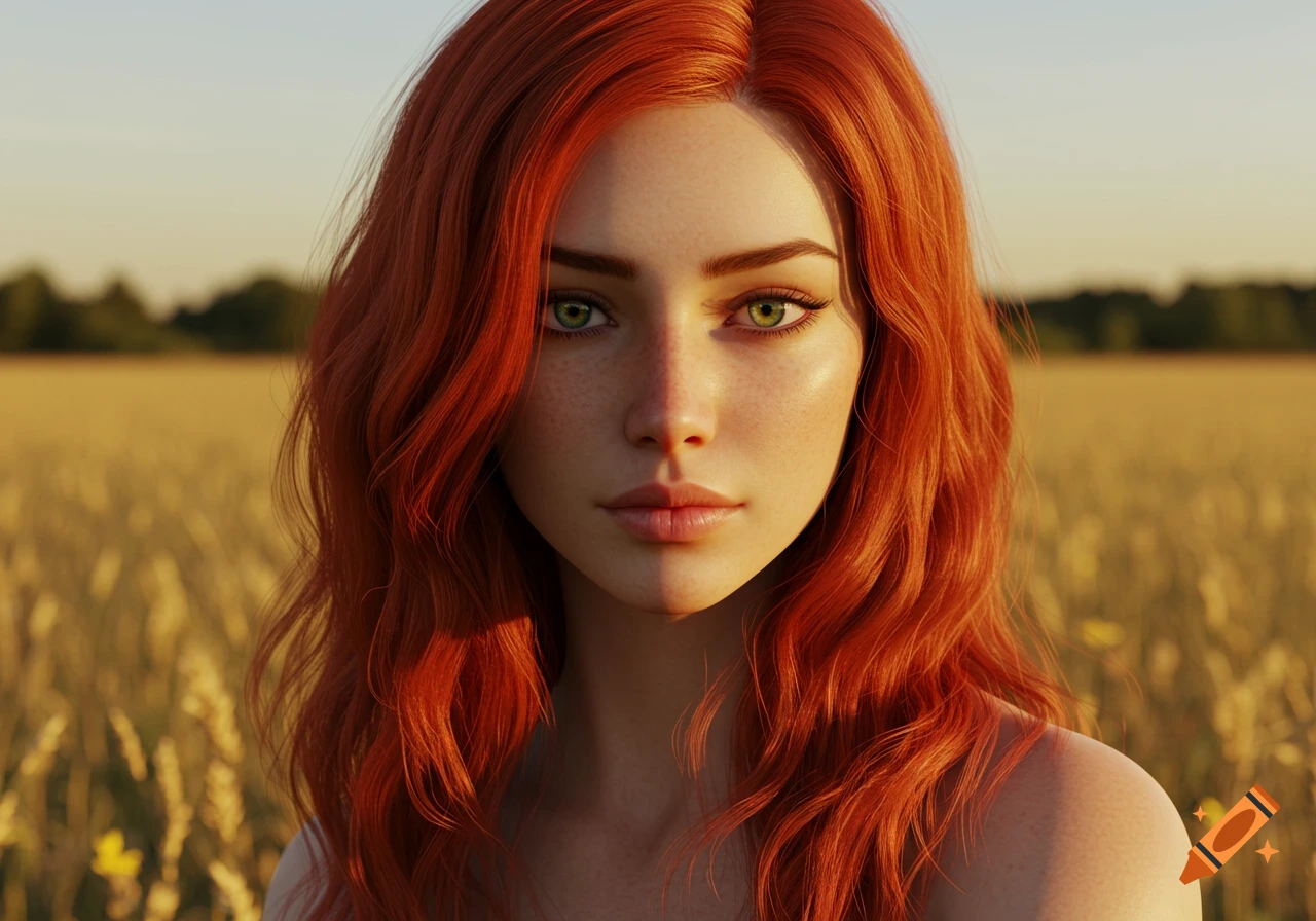 A photorealistic portrait of a redhead woman with green eyes, standing in a golden field under ...