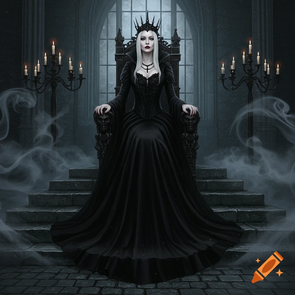 A gothic queen in a black gown and crown sits on a throne in a dimly ...