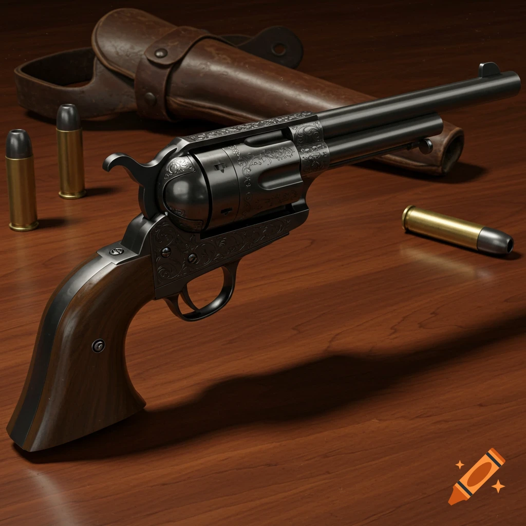 A photorealistic depiction of an ornate black metal revolver with ...