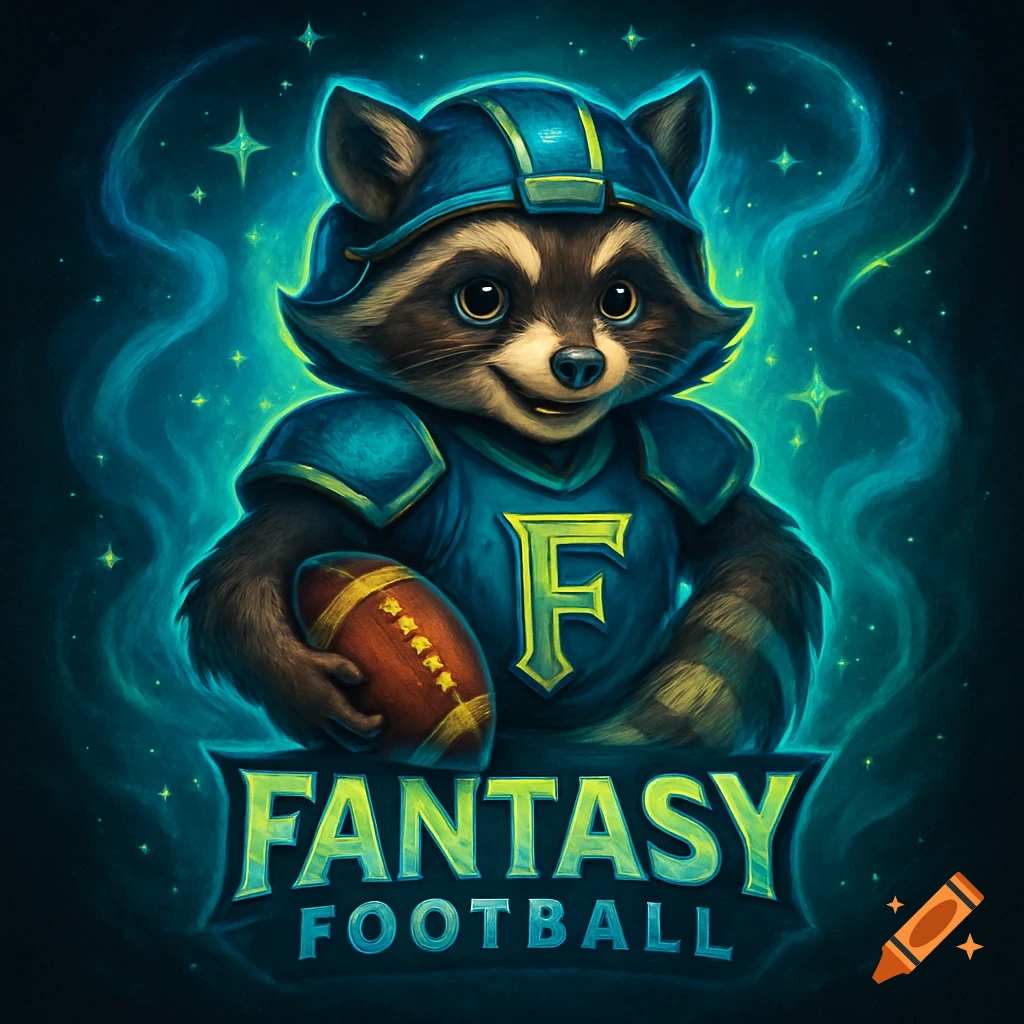 A cute raccoon mascot in a blue football uniform holding a football ...