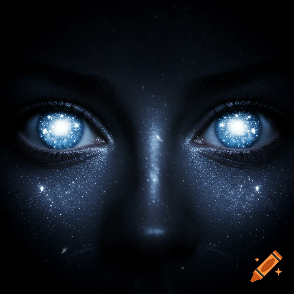 A close-up of a blue electric face with glowing white eyes and a ...