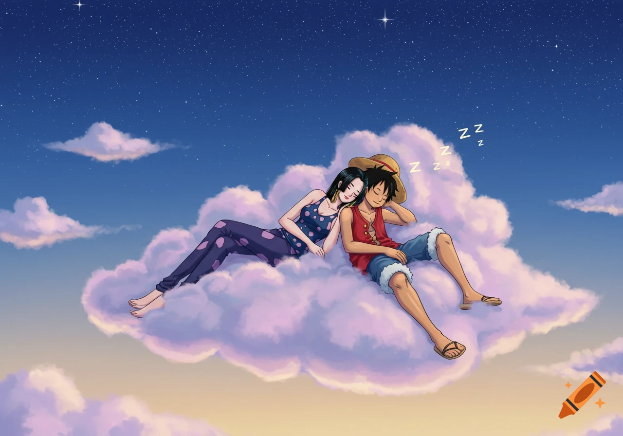Watercolor painting of anime characters Luffy and Hancock sleeping on a ...