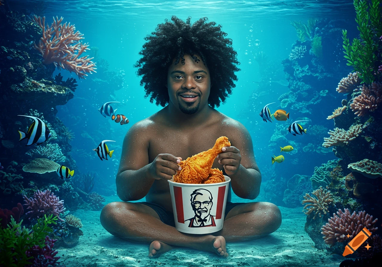 An illustration of a Black man eating watermelon and fried chicken, drinking Kool-Aid at a table ...