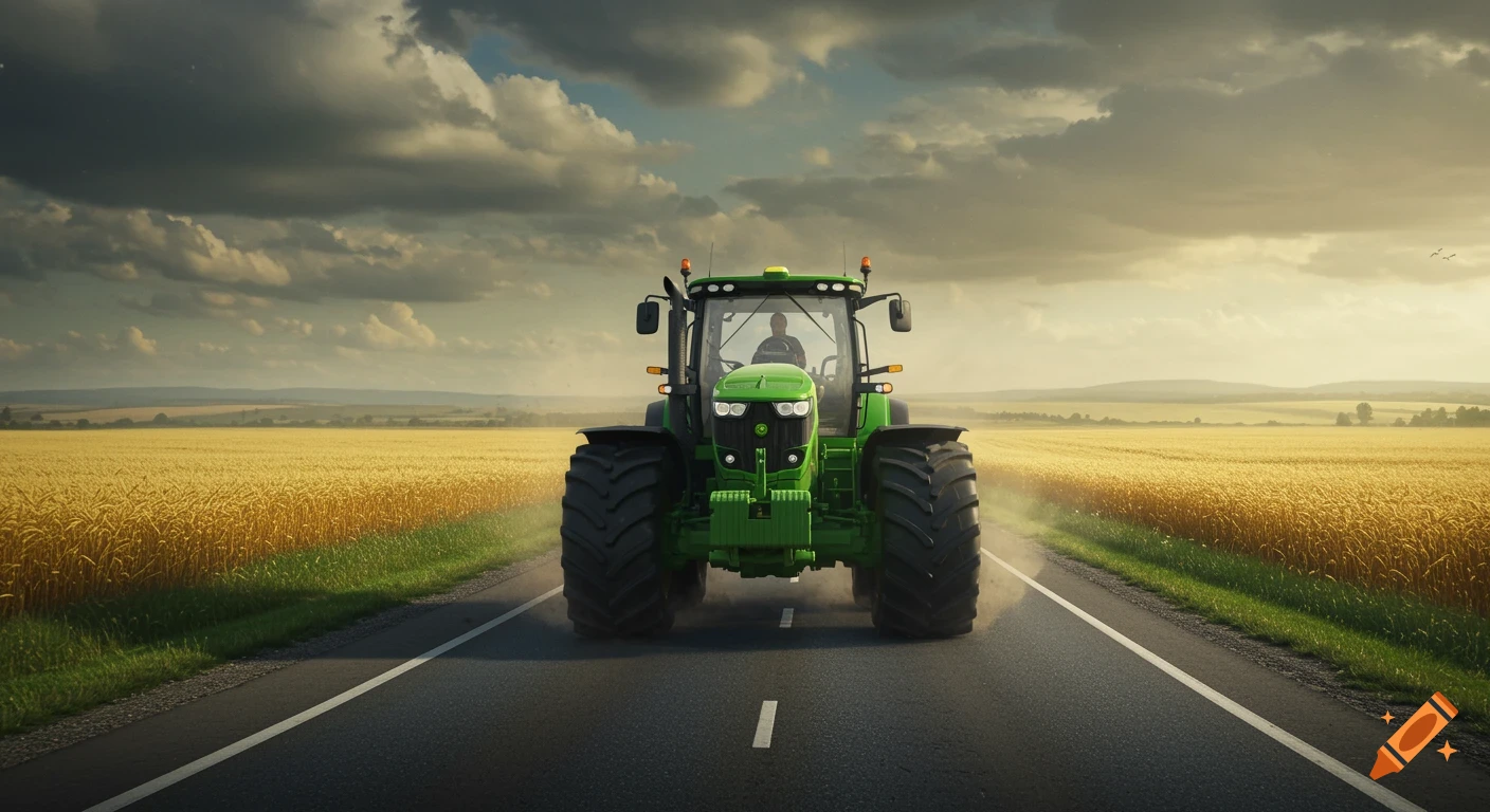 A large green tractor drives down a two-lane road, flanked by golden ...