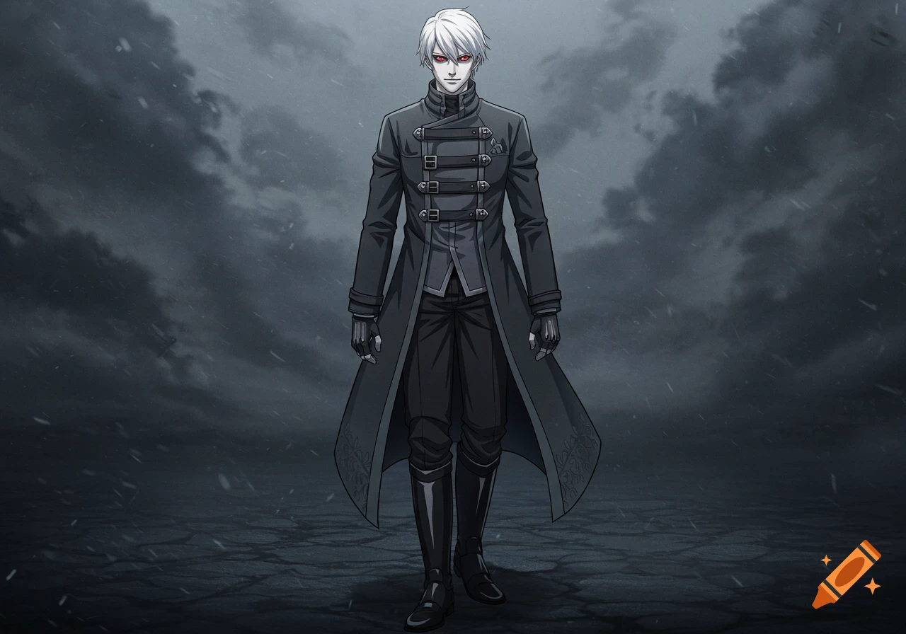 An anime man with white hair and red eyes, wearing a dark gray overcoat ...
