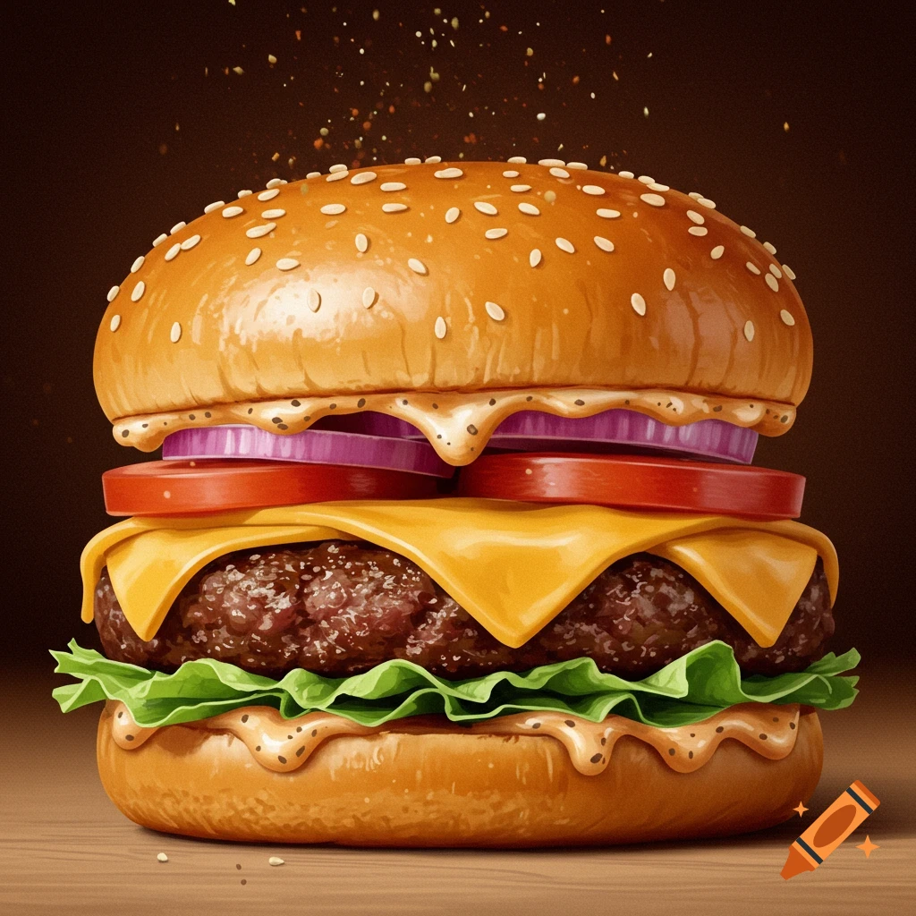 Photorealistic close-up of a burger with a medium patty, lettuce, onion ...