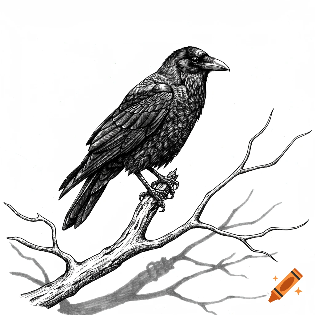 A detailed crosshatch pen and ink illustration of a horned owl perched ...