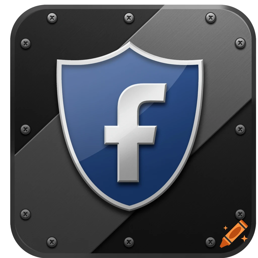 A Facebook 'f' logo inside a blue shield on a dark, riveted metal ...