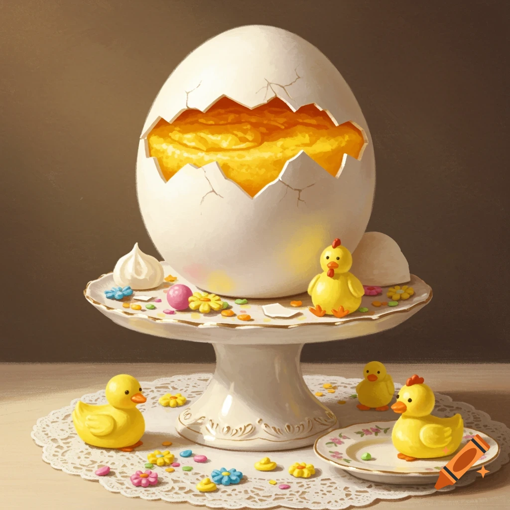 An Easter dessert featuring a cracked egg cake on a stand, surrounded by yellow chick figurines ...