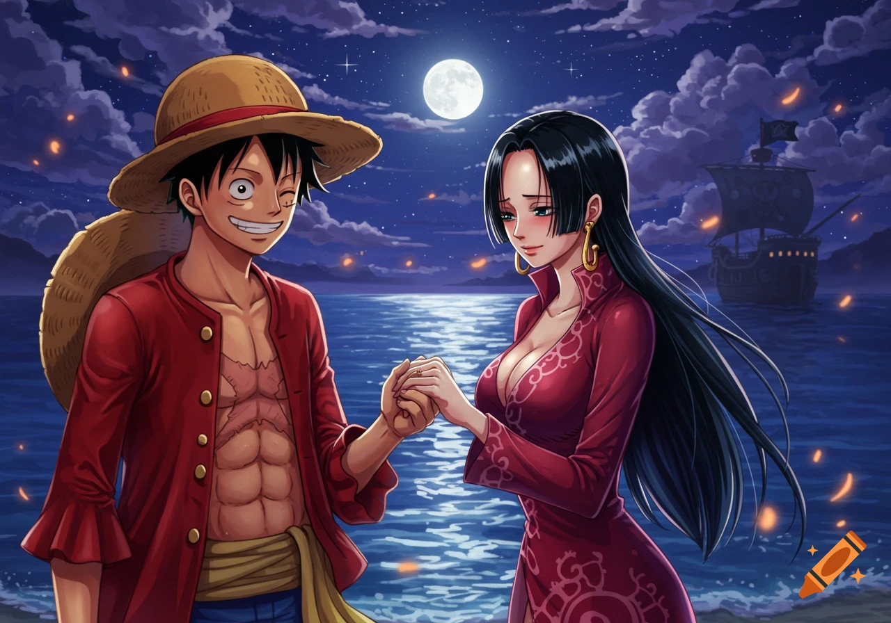Anime characters Luffy and Hancock hold hands on a moonlit beach, a ...