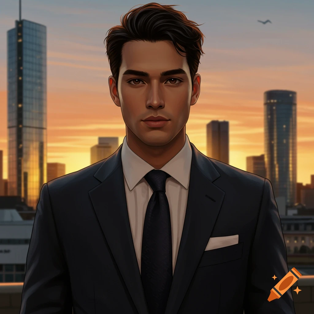 Photorealistic portrait of a young man in a blue suit and tie, standing ...