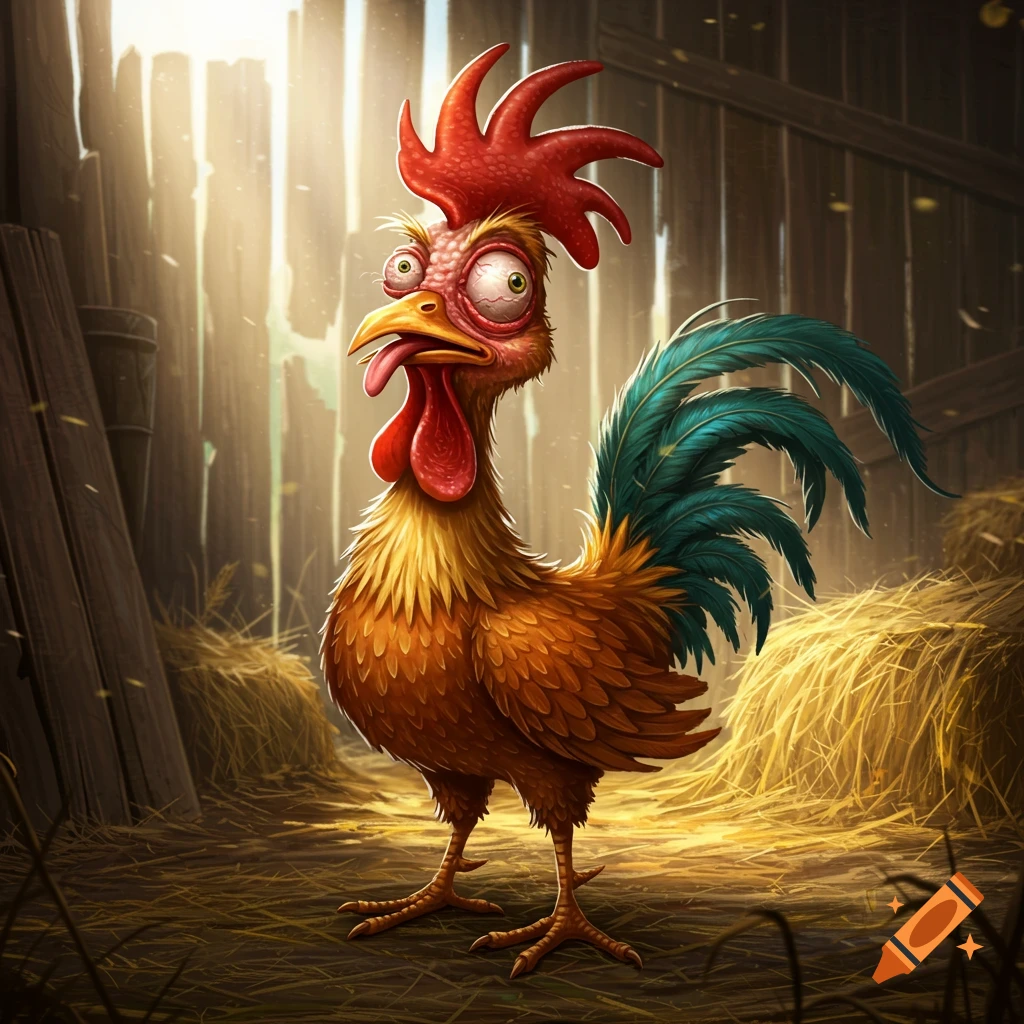 A cartoonish, crazy rooster with cross-eyed, veiny eyes and a hanging ...