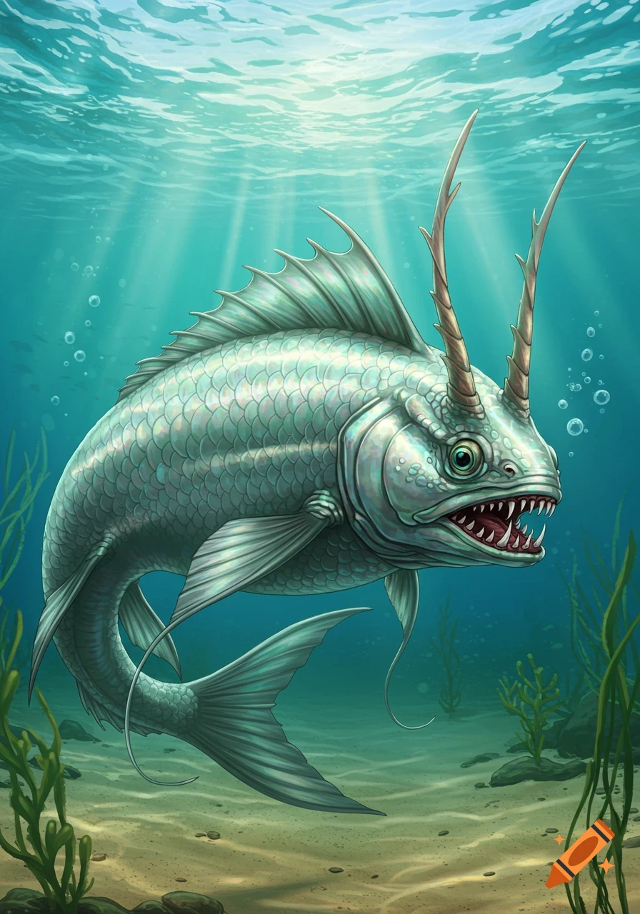 An illustration of a large fish with sharp teeth eating a white rabbit ...