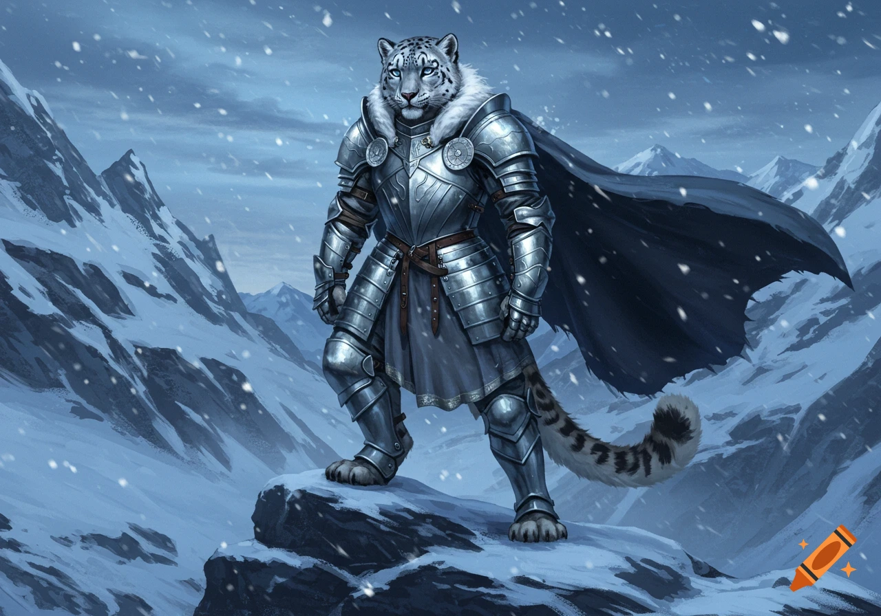 A powerful snow leopard warrior in ornate silver armor stands in a ...