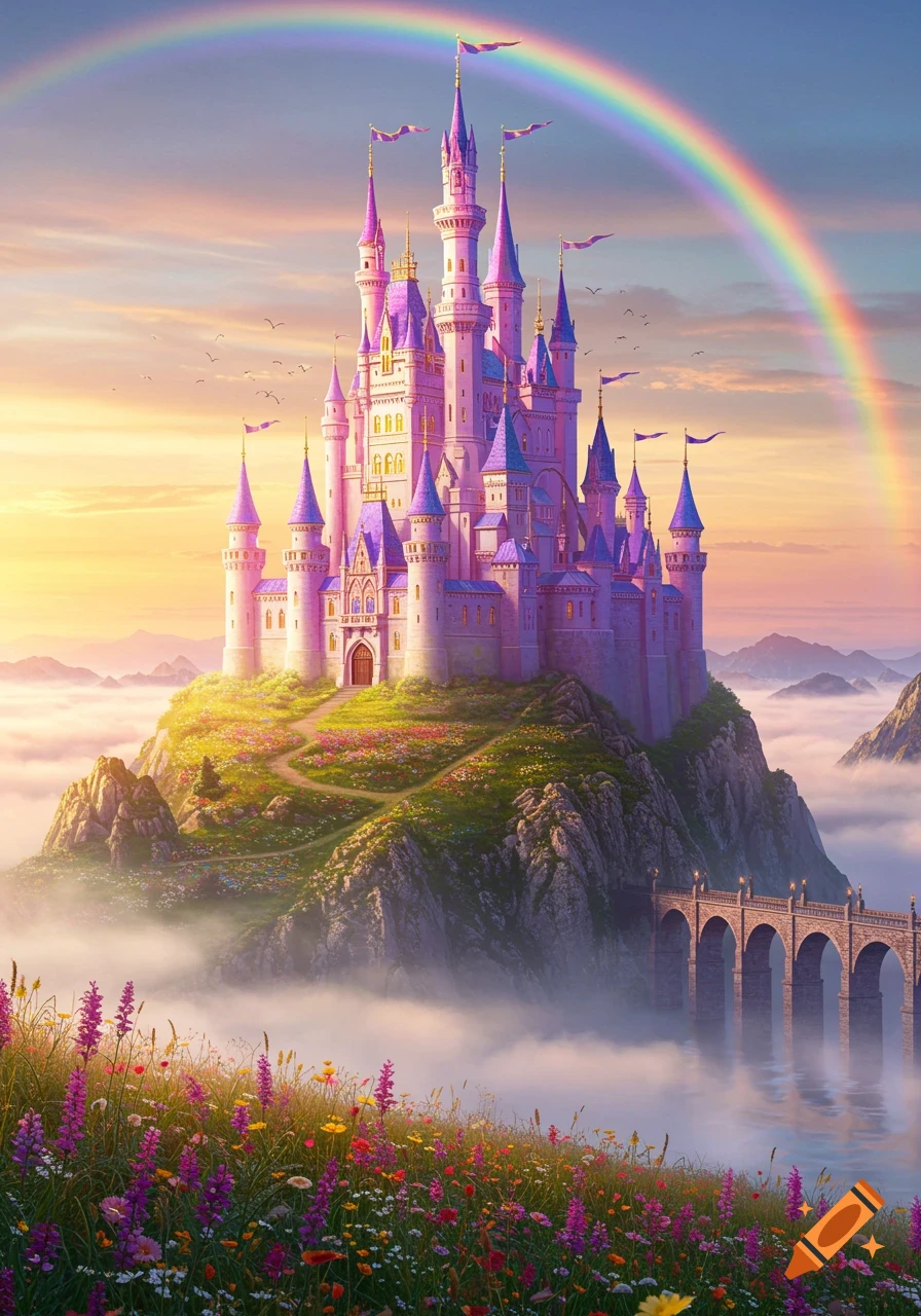 A vibrant, dreamlike pink and purple castle atop a mountain surrounded ...