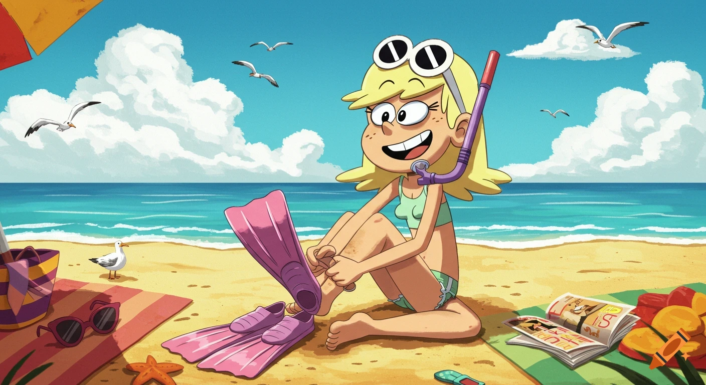 Cartoon Ronnie Anne Santiago from The Casagrandes smiles, wearing a purple bikini and grey ...