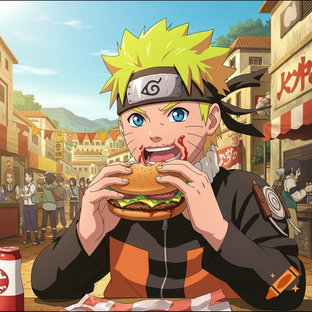 Naruto, an anime character with spiky yellow hair, eats a large burger ...