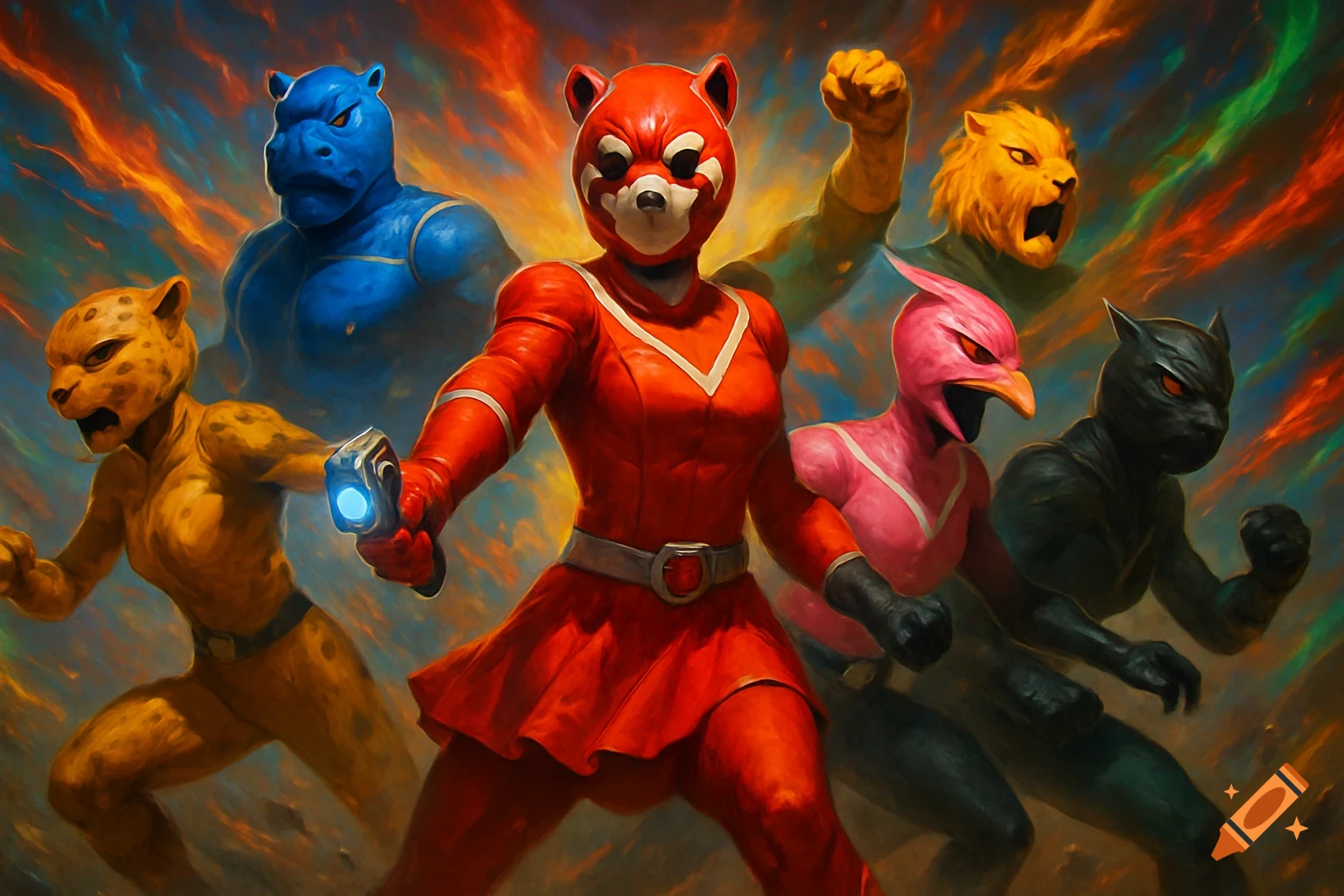 Five Power Rangers in dinosaur-themed suits stand with dinosaurs in a ...