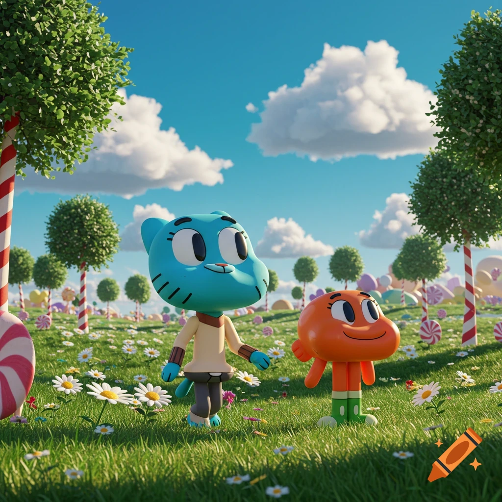 Gumball and Darwin walk through a vibrant green field with daisies ...
