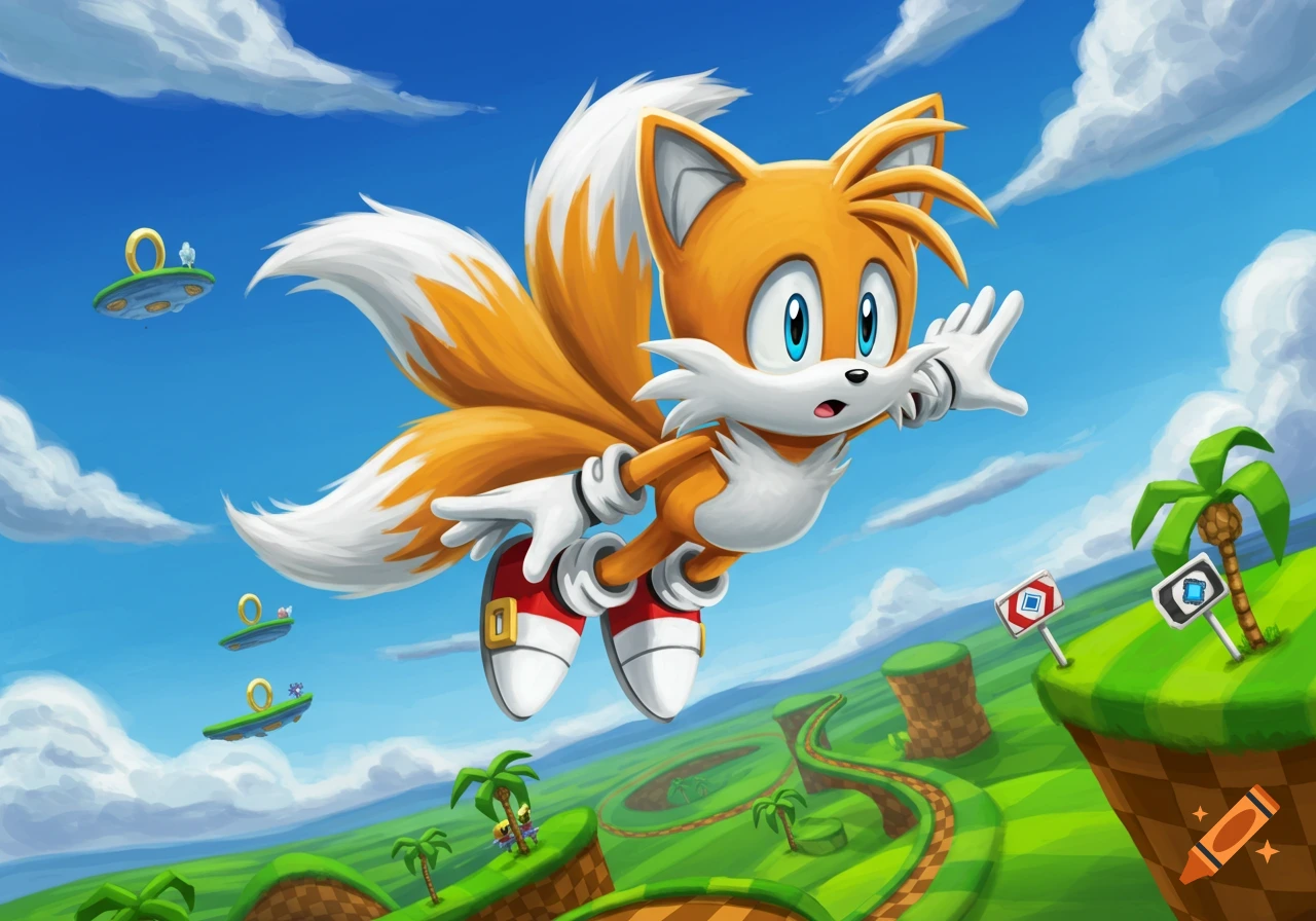 Tails the fox flying over a vibrant green and brown checkered Sonic ...