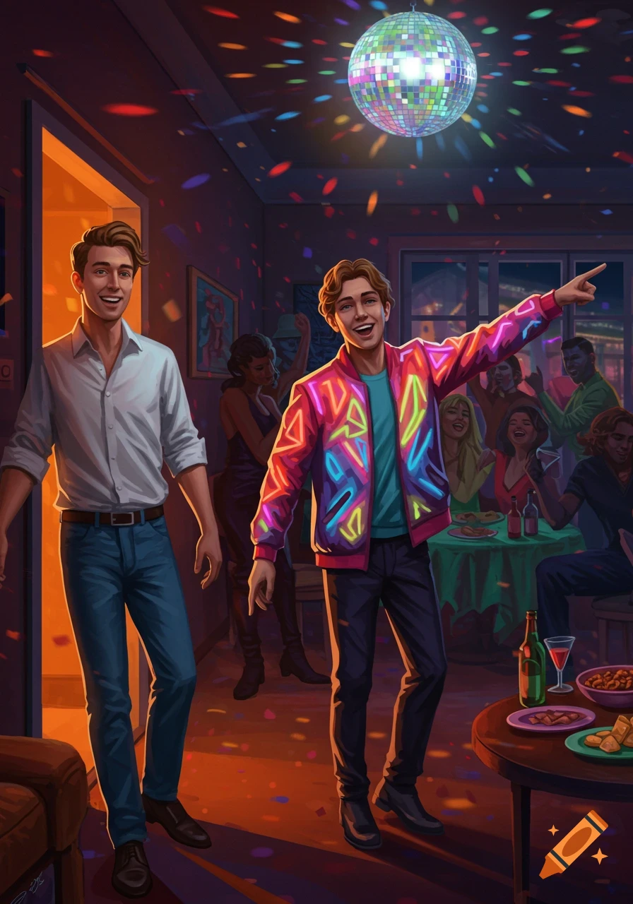 Two laughing cartoon men indoors; one in patterned boxer shorts, the ...