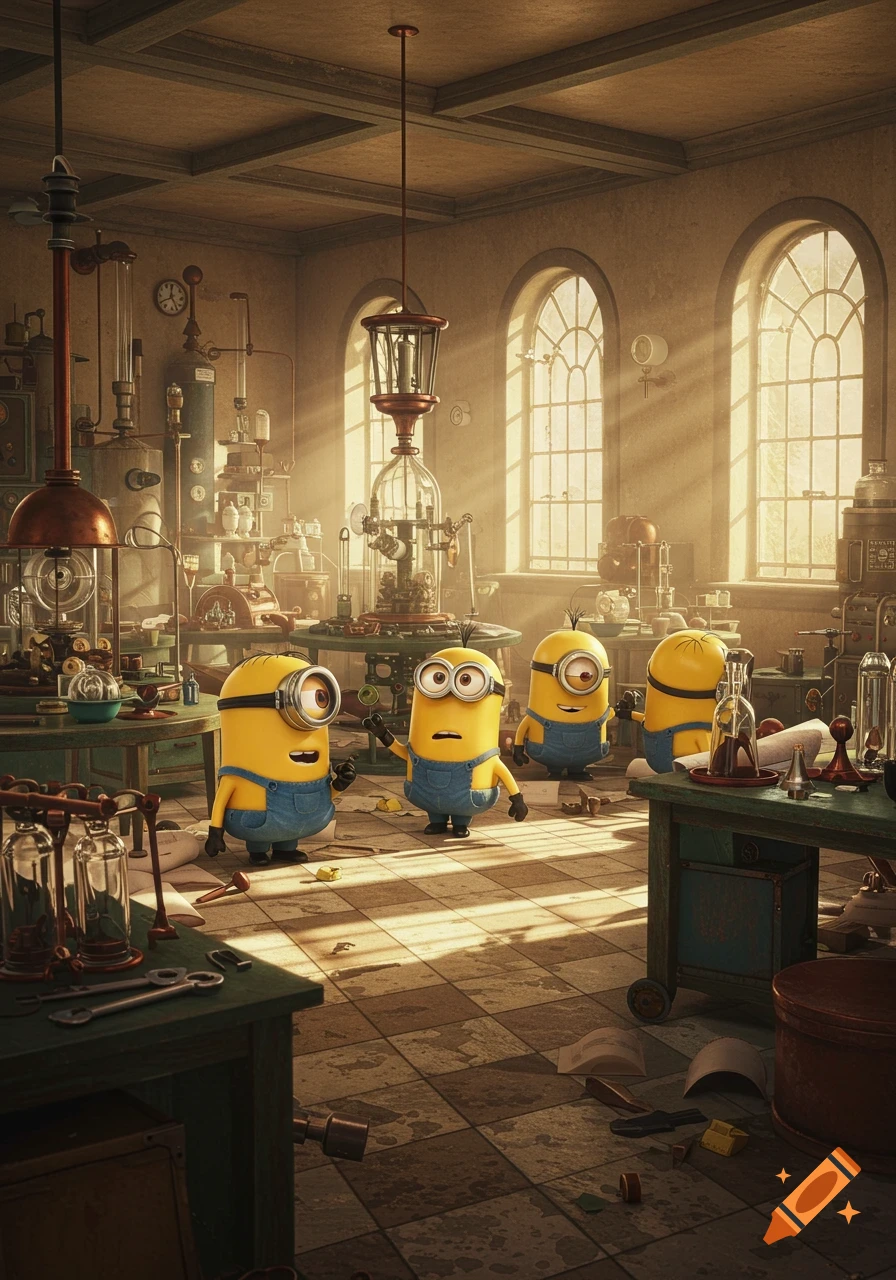 A Minion in a yellow dress rides a glowing hoverboard down a neon-lit ...