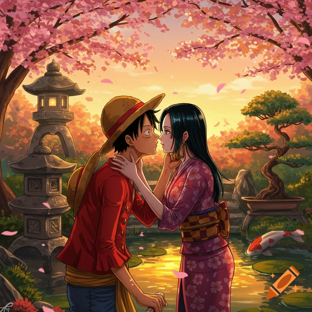 Anime characters Luffy and Hancock kiss in front of the Eiffel Tower at ...