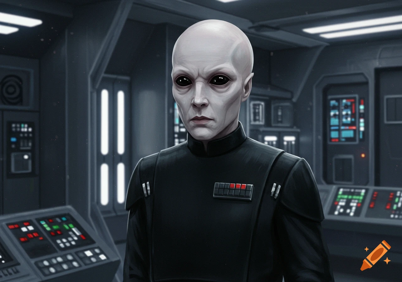 A bald, pale-skinned alien with black eyes in a black Imperial uniform ...