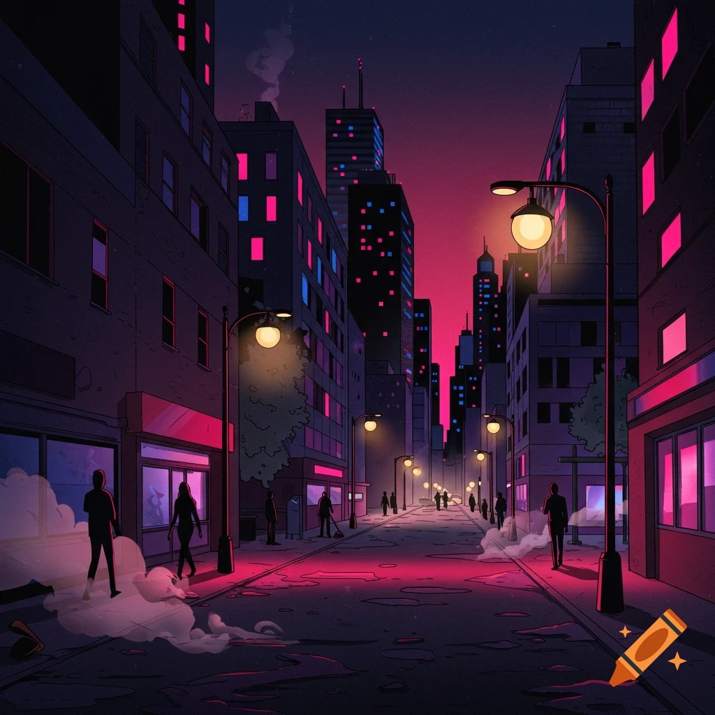 Comic book style dark city street at night with pink and blue neon ...