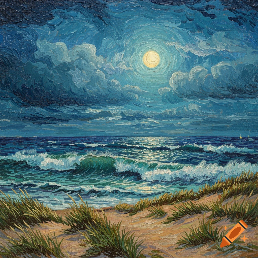 Pointillist painting of a sunny beach scene with blue ocean waves ...