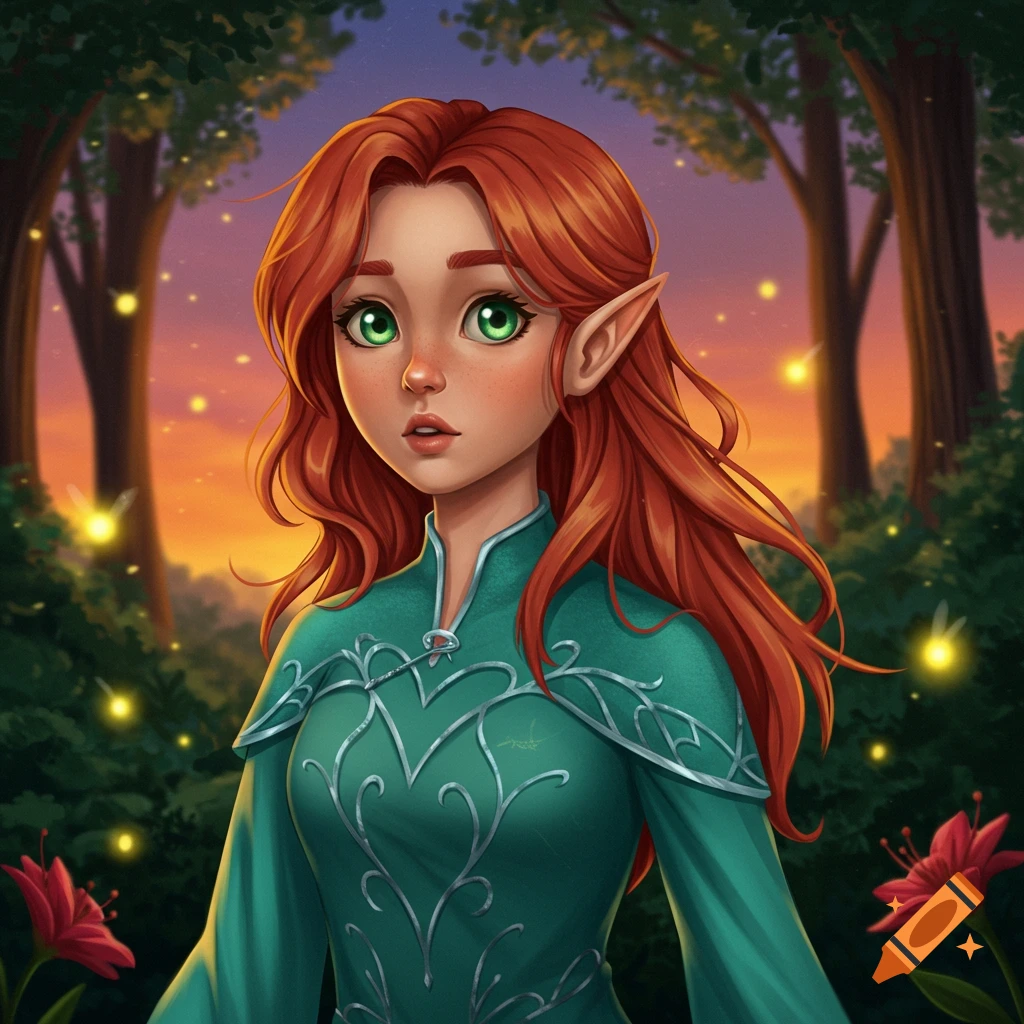 Digital painting of a smiling red-haired witch with pointed ears, green eyes, freckles, and ...